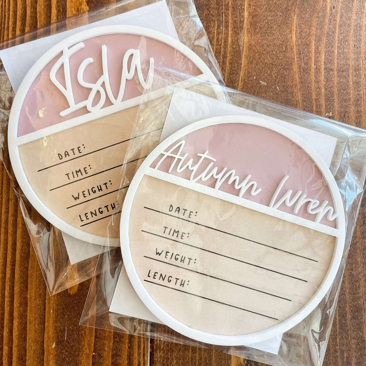 Acrylic + Wood Birth Announcement Round, Newborn Photo Prop – Grace ...